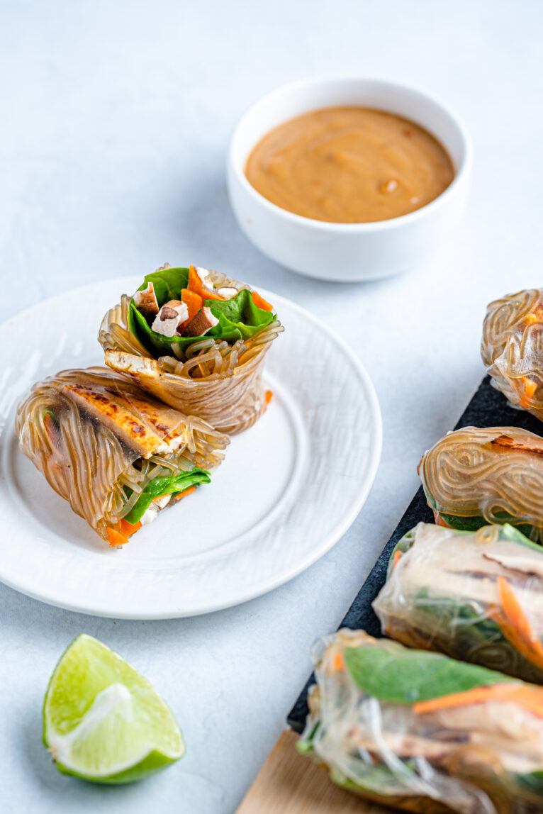 Japchae Spring Rolls with Sunbutter Sauce - The Nut-Free Vegan